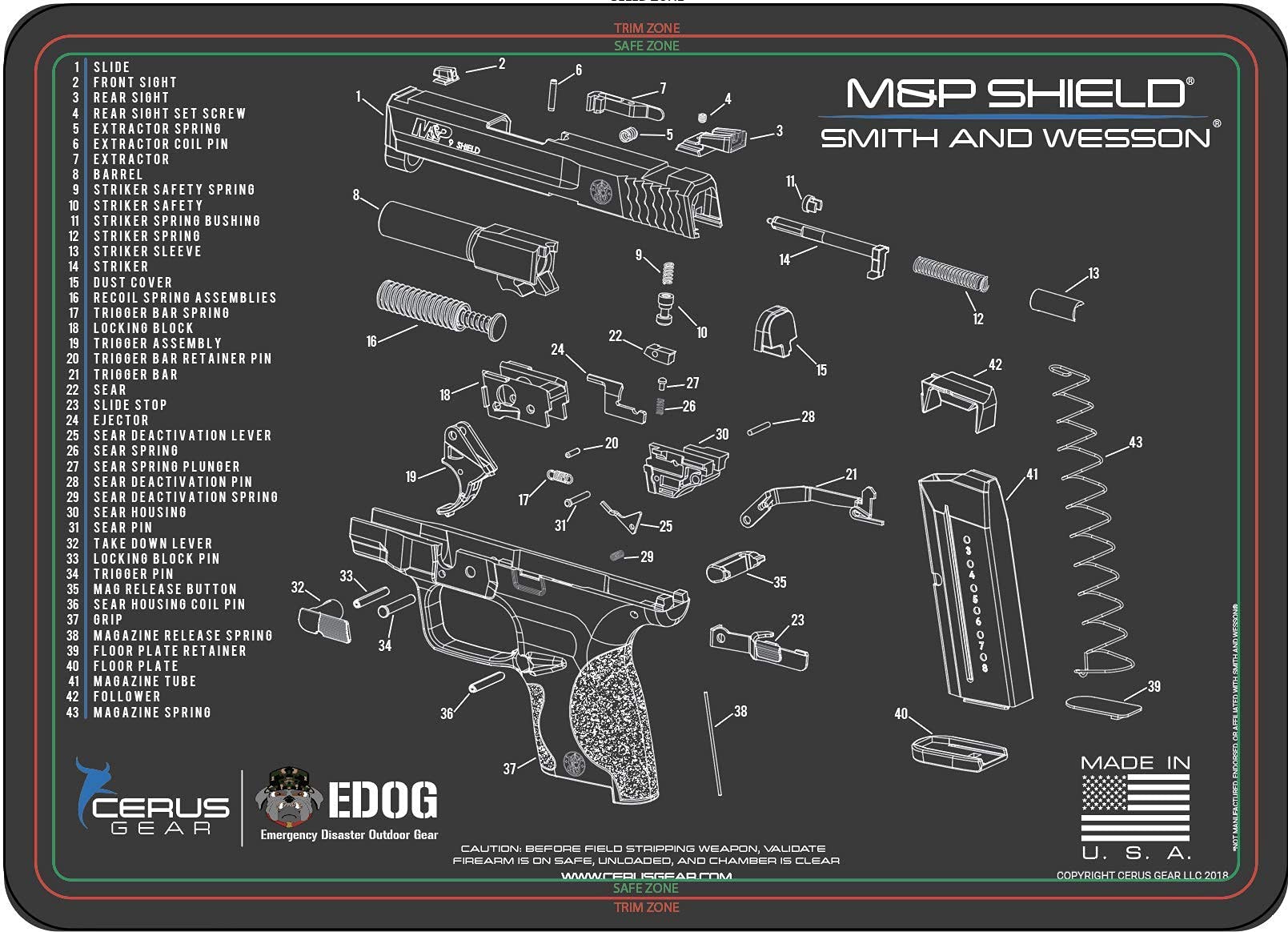 EDOG USA Compatible for Smith & Wesso M&P Shield - 5 PC Schematic (Exploded View) Pistol Cleaning Padded Gun-Work Surface Protector Mat Solvent & Oil Resistant & 3 PC Cleaning Essentials & Clenzoil