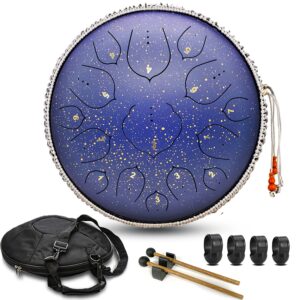 steel tongue drum, 15 notes 14 inch d-key handpan percussion instrument - tank chakra drums with padded travel bag, 2 mallets, for meditation, decompression, music and gift (blue)