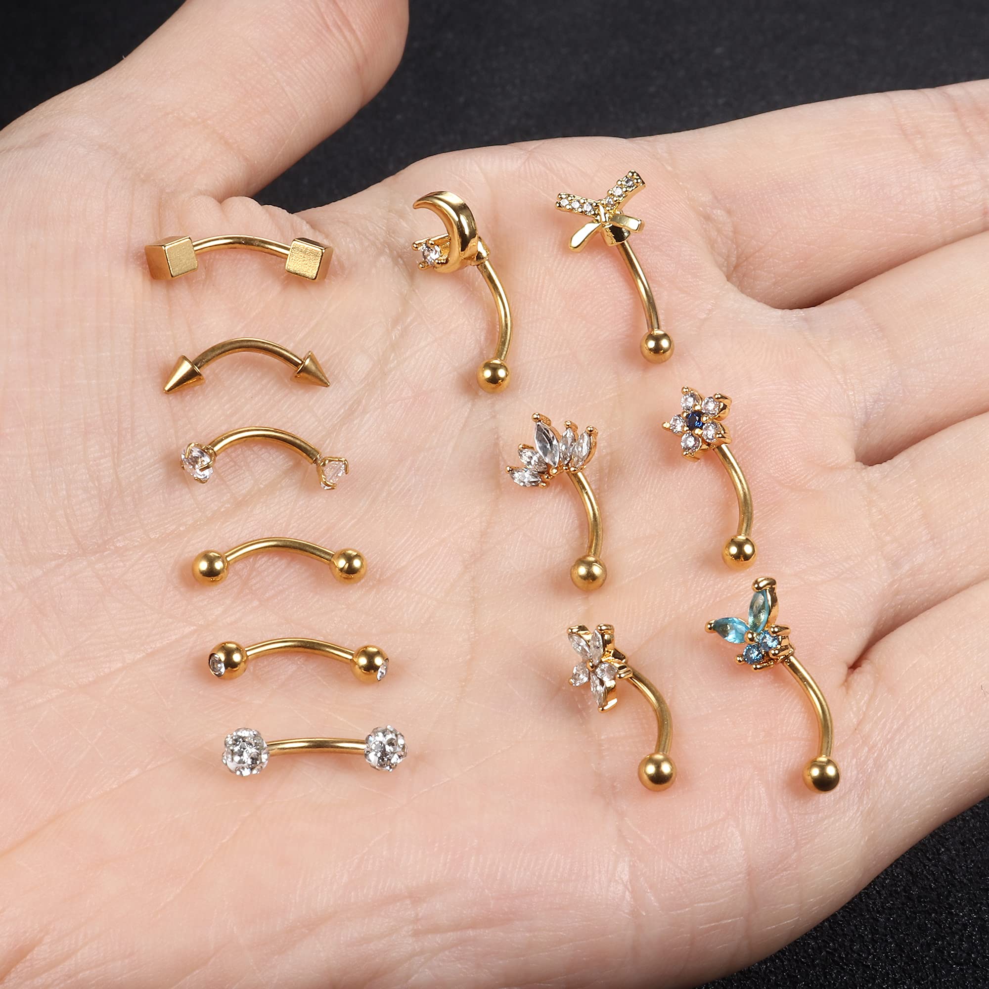 JOERICA 12Pcs 16G Rook Daith Earrings for Women Stainless Steel Eyebrow Piercing Jewelry Curved Barbell Short Belly Lip Rings 6mm 8mm