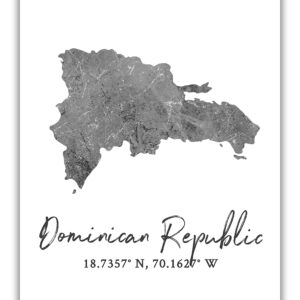 Dominican Republic Map Wall Art Print - 8x10 Silhouette Decor Print with Coordinates. Makes a Great DR-Themed Gift. Shades of Grey, Black & White.