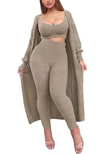 fixmatti fuzzy 3 piece legging set for women open front cardigan cropped tops long pant suit khaki s