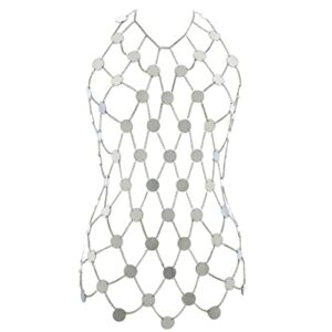 yovic boho silver body chain sexy sequins bra chains bikini dress chest chain harness halter backless top rave nightclub party body jewelry for women and girls(d)