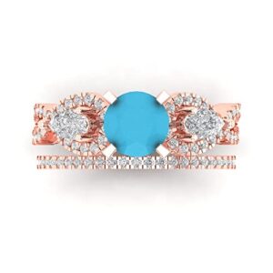 2.1 ct round pear cut custom engraving 3 stone with turquoise designer statement classic ring band set 18k rose gold size 4