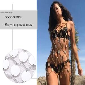 Yovic Boho Silver Body Chain Sexy Sequins Bra Chains Bikini Dress Chest Chain Harness Halter Backless Top Rave Nightclub Party Body Jewelry for Women and Girls(D)