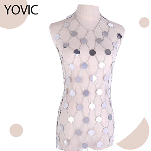 Yovic Boho Silver Body Chain Sexy Sequins Bra Chains Bikini Dress Chest Chain Harness Halter Backless Top Rave Nightclub Party Body Jewelry for Women and Girls(D)