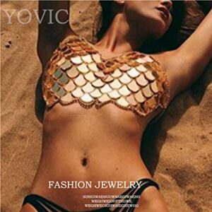 Yovic Boho Silver Body Chain Sexy Sequins Bra Chains Bikini Dress Chest Chain Harness Halter Backless Top Rave Nightclub Party Body Jewelry for Women and Girls(D)