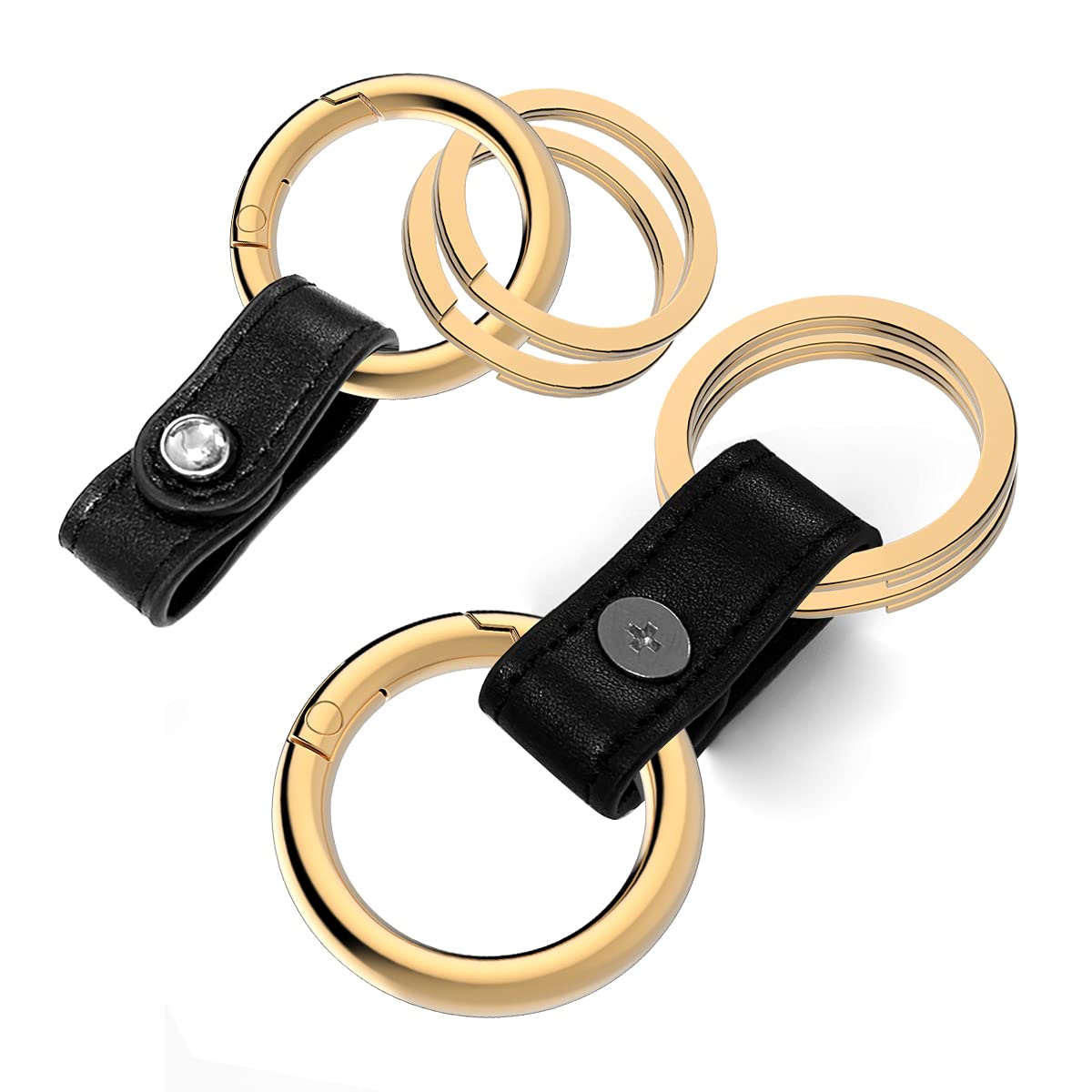 Idakekiy Zinc Alloy Key Rings Leather Part Button Key Clip Carabiner Keychain Split Keyrings for Men and Women (Gold)