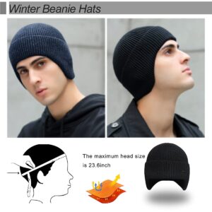 Winter Beanie Hats for Men Outdoor Stretchy Knit Ski Caps with Earflap Windproof (1, Black)