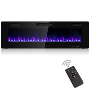 costway 60-inch electric fireplace, 750w/1500w wall recessed and mounted fireplace insert with remote control, 12 flame colors, 5 brightness settings, 8 h timer, fireplace heater for indoor use