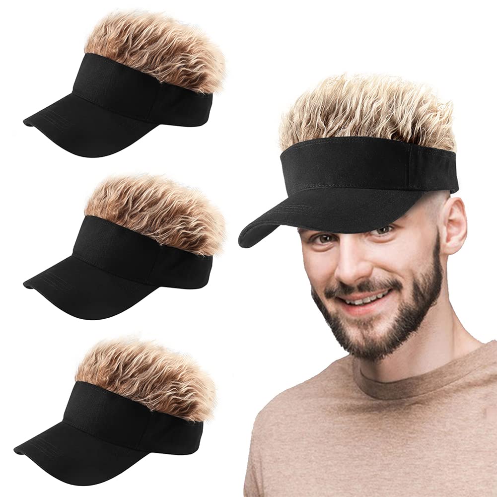 Regilt Adjustable Sun Visor Hat with Wig Spiked Hairs Fashion Baseball Golf Cap for Men & Women (3pcs-Black Brown)