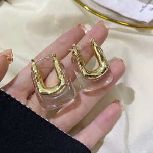 Vintage Transparent Resin Geometric U Shape Hoop Earrings Gold Metal Earrings for Woman Party Jewelry