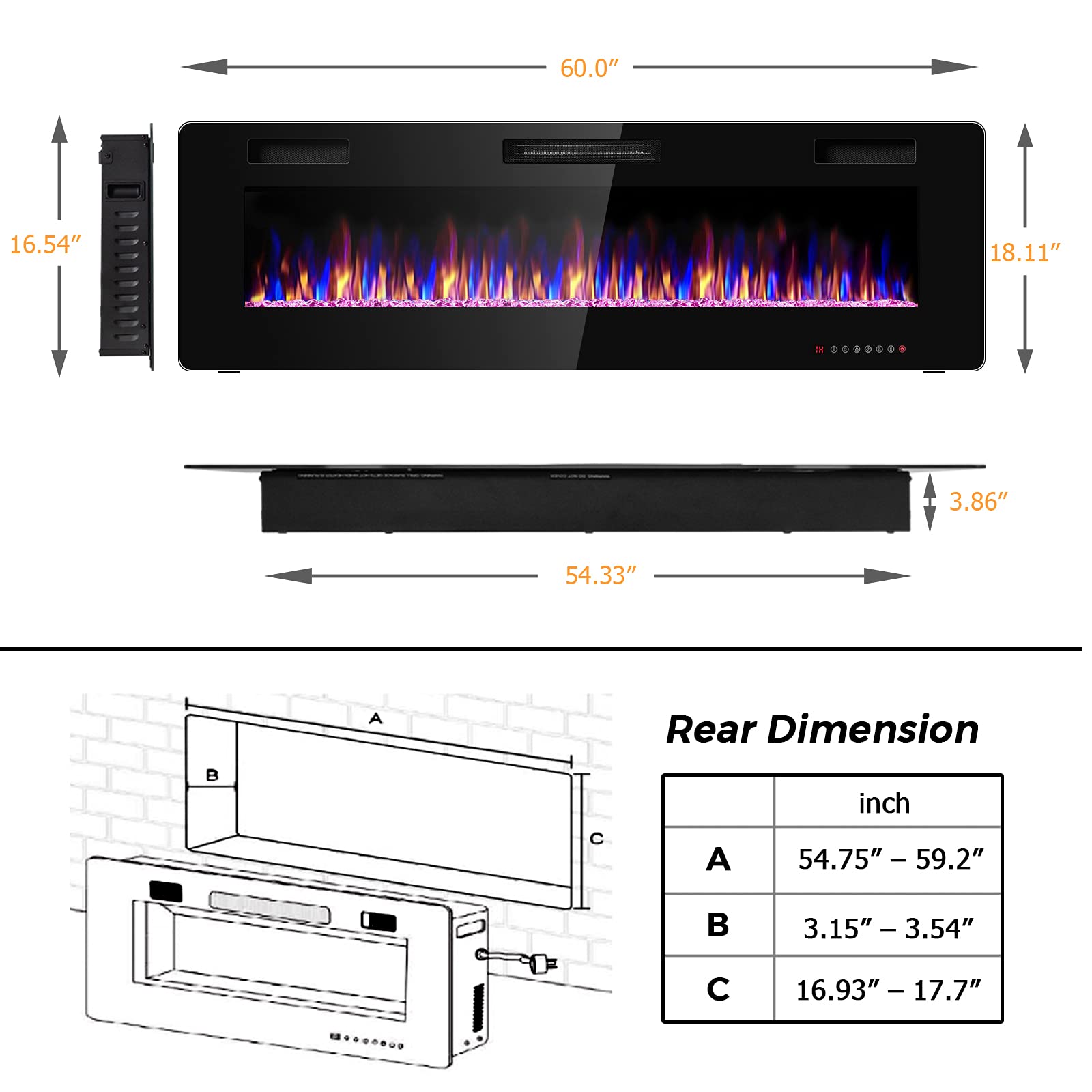 COSTWAY 60-Inch Electric Fireplace, 750W/1500W Wall Recessed and Mounted Fireplace Insert with Remote Control, 12 Flame Colors, 5 Brightness Settings, 8 H Timer, Fireplace Heater for Indoor Use