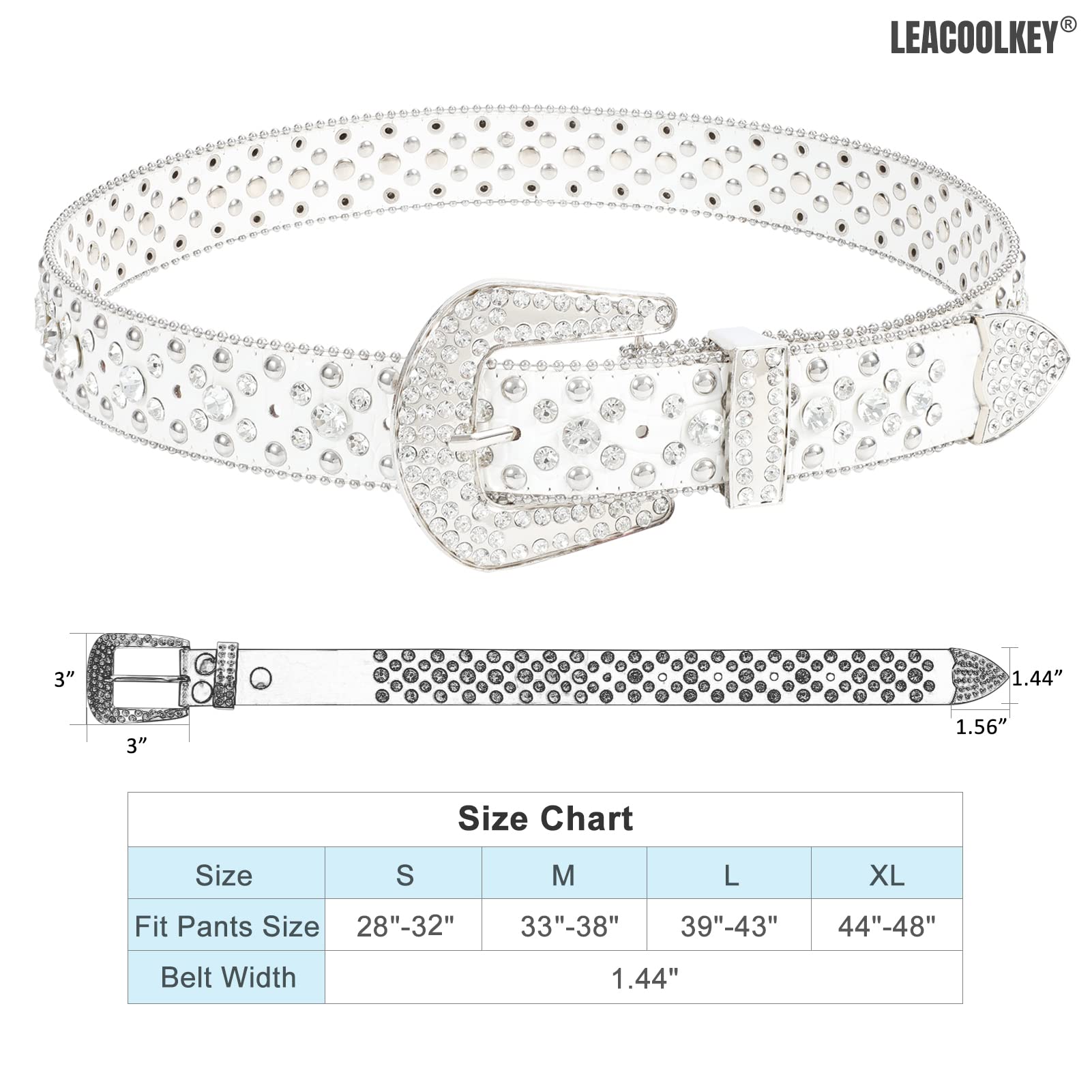 LEACOOLKEY Fashion Rhinestone Belt for Women for Jeans, Western Cowgirl Studded Leather Belt, Ladies Bling Rhinestone Belt