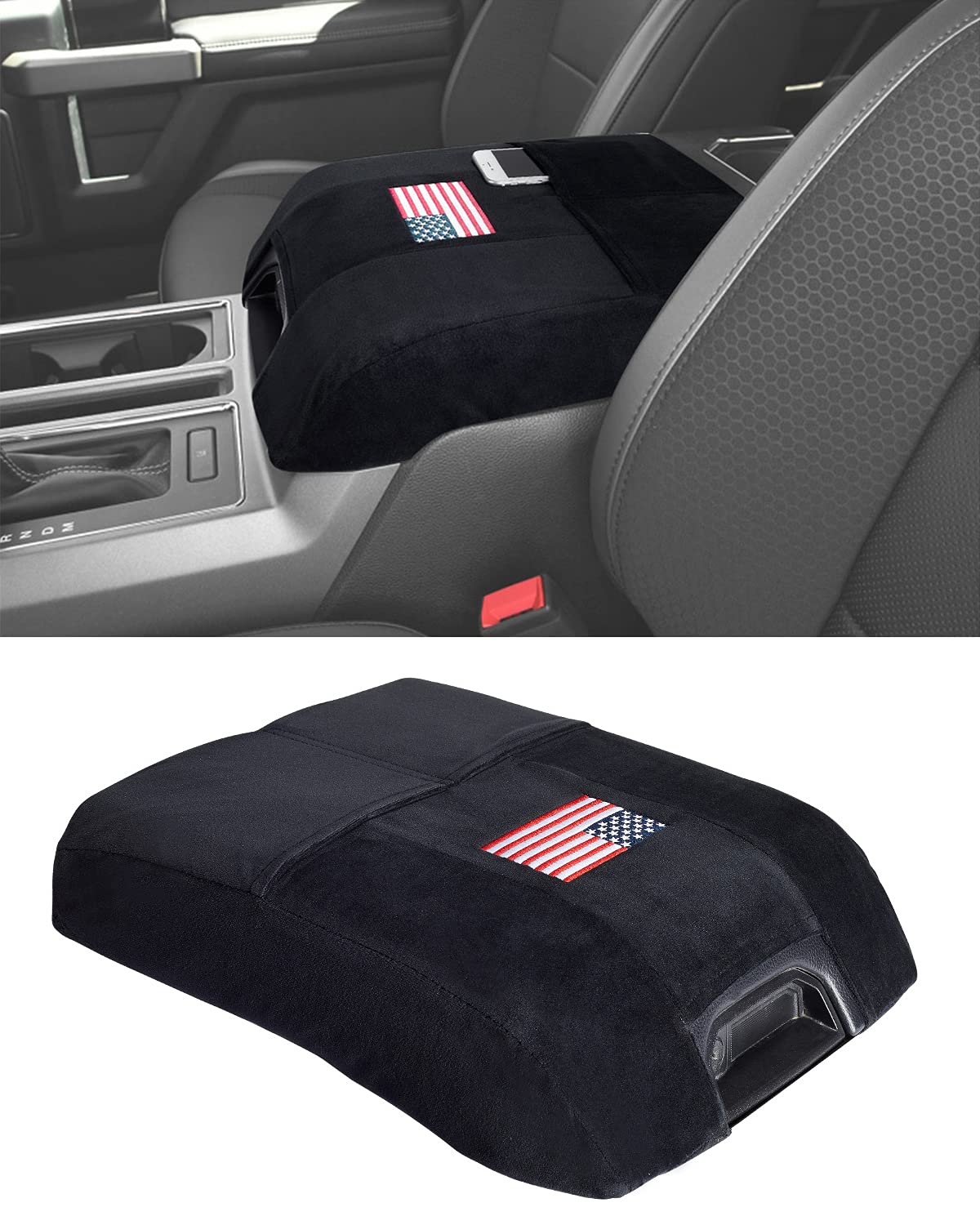 ISSYAUTO Center Console Cover Compatible with 2015-2020 F150, 2017-2022 F250 F350 F450, 2018-2023 Expedition, American Flag Armrest Cover with Pockets (Bucket Seat Only)