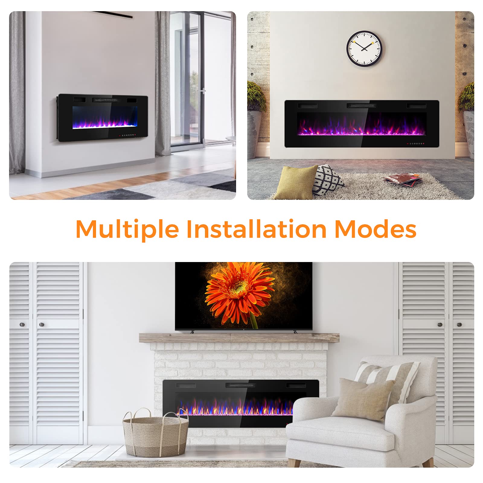 COSTWAY 60-Inch Electric Fireplace, 750W/1500W Wall Recessed and Mounted Fireplace Insert with Remote Control, 12 Flame Colors, 5 Brightness Settings, 8 H Timer, Fireplace Heater for Indoor Use