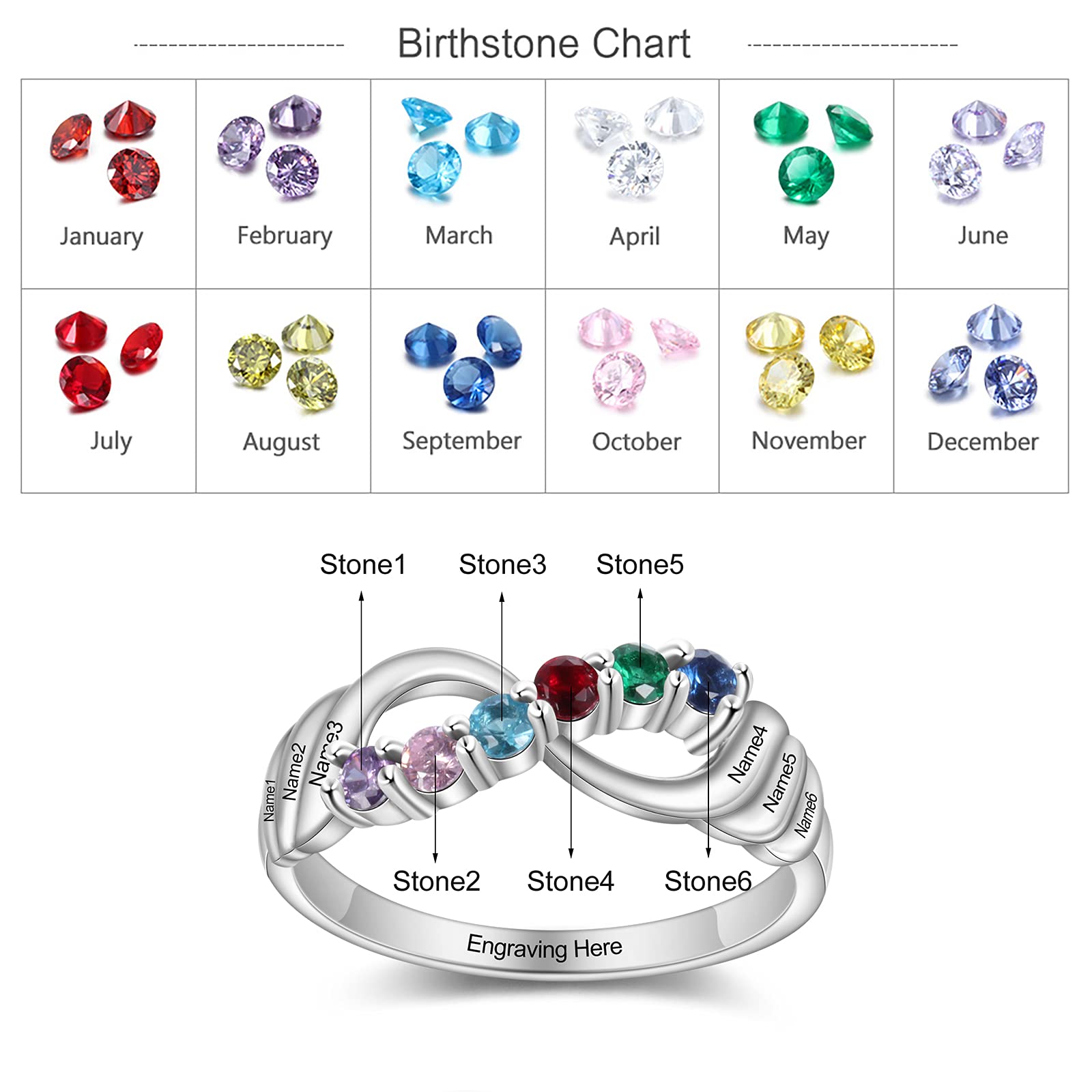 Customized Mother Infinity Name Rings with 6 Simulated Birthstones Personalized Stacking Family Promise Sterling Silver Rings for Women (7)