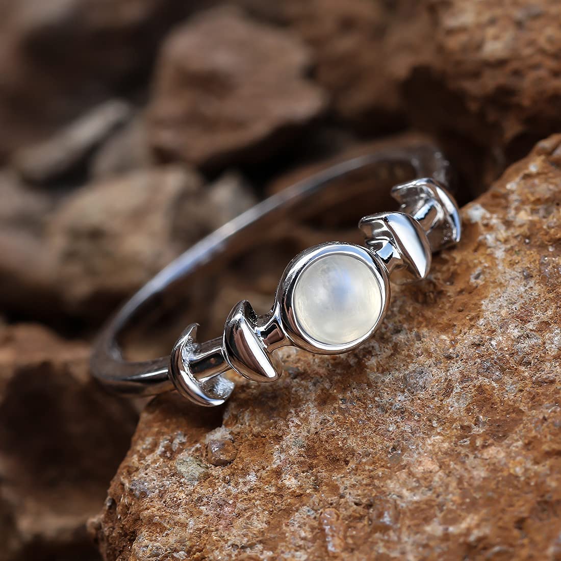 Angol Genuine Moonstone Ring Sterling Silver Moon Phase Ring Triple Goddess Moonstone Statement Band Finger Minimalist Ring for Women with Gift Box