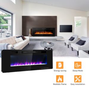 COSTWAY 60-Inch Electric Fireplace, 750W/1500W Wall Recessed and Mounted Fireplace Insert with Remote Control, 12 Flame Colors, 5 Brightness Settings, 8 H Timer, Fireplace Heater for Indoor Use