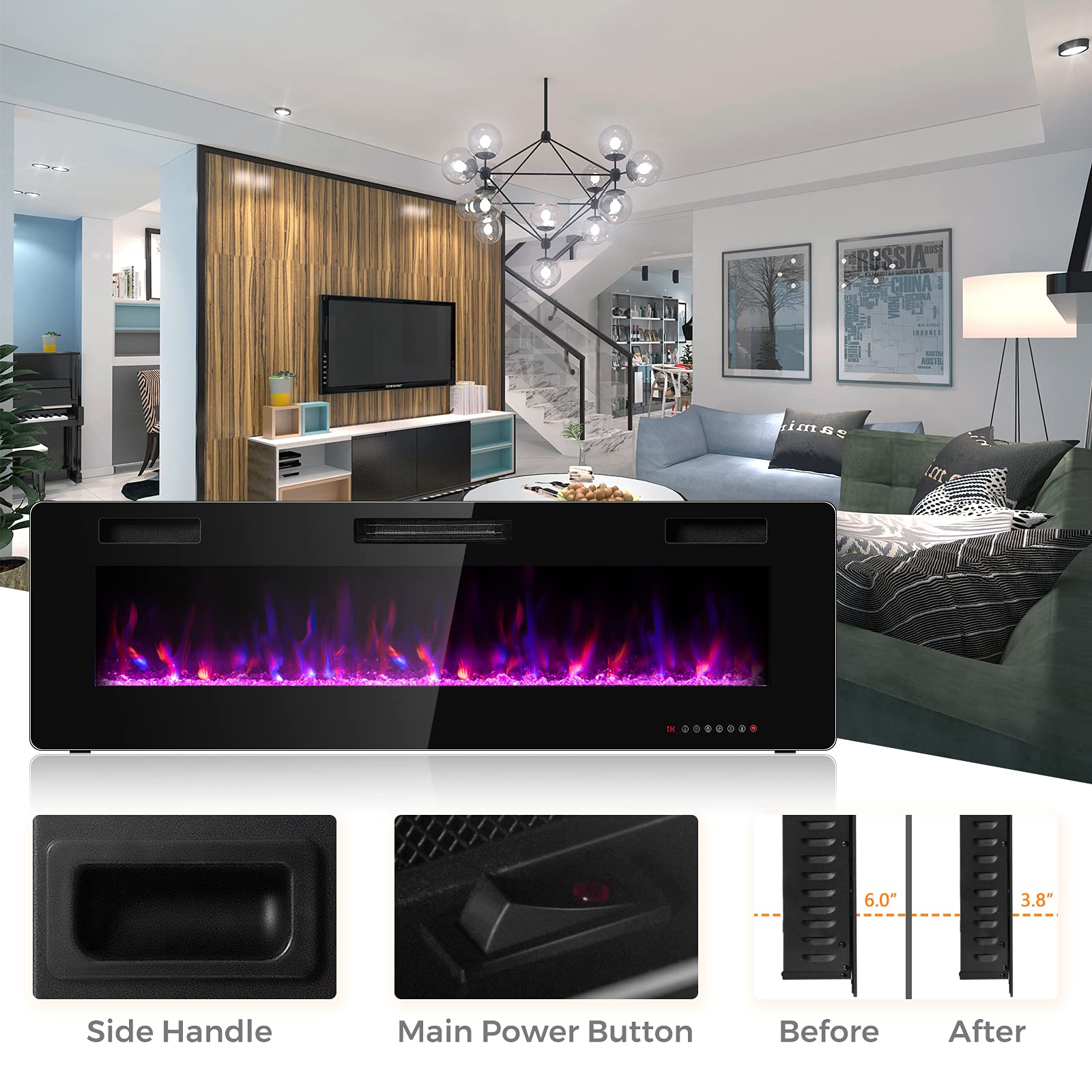 COSTWAY 60-Inch Electric Fireplace, 750W/1500W Wall Recessed and Mounted Fireplace Insert with Remote Control, 12 Flame Colors, 5 Brightness Settings, 8 H Timer, Fireplace Heater for Indoor Use