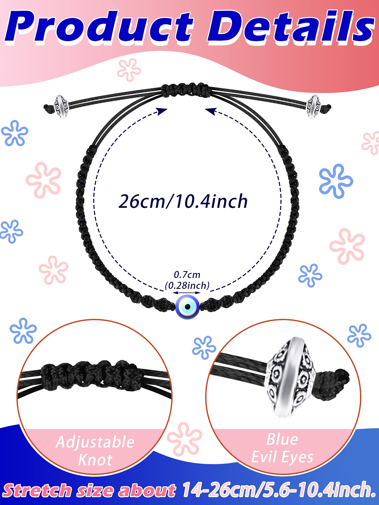 6 Pieces Evil Eye Rope Kabbalah Bracelets Evil Eye Adjustable Cord Bracelet Black Evil Eye Knotted Bracelet Summer Rope Bracelets for Women Men (Simple Style)