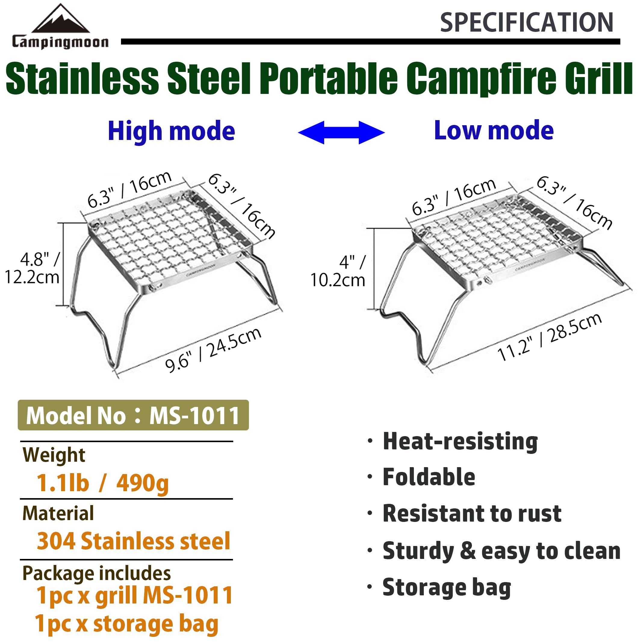 CAMPINGMOON Portable Folding Camping Campfire Grill over Fire Split Stoves 304 Stainless Steel (Grid wire (MS-1011))