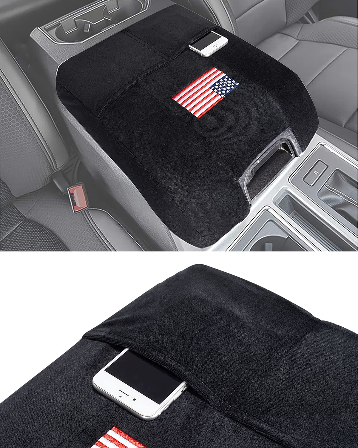 ISSYAUTO Center Console Cover Compatible with 2015-2020 F150, 2017-2022 F250 F350 F450, 2018-2023 Expedition, American Flag Armrest Cover with Pockets (Bucket Seat Only)