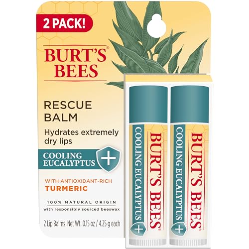 Burt's Bees 100% Natural Origin Rescue Lip Balm With Beeswax and Antioxidant-Rich Turmeric Promotes Healing Of Extremely Dry Lips, Cooling Eucalyptus, 2 Tubes in Blister Box(Pack May Vary)