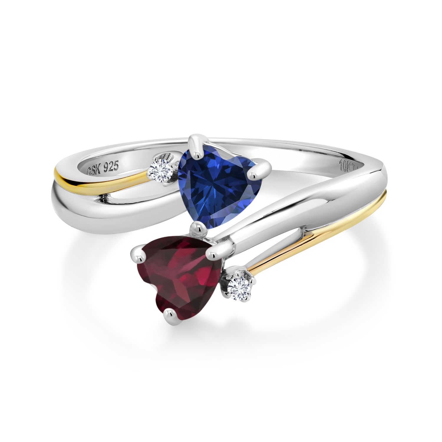 Gem Stone King 1.07 Ct Blue Created Sapphire Red Rhodolite Garnet 925 Silver and 10K Yellow Gold Lab Grown Diamond 2 Heart Promise Couple Engagement Mother Ring (Size 5)