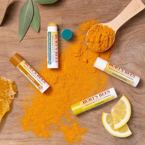 Burt's Bees 100% Natural Origin Rescue Lip Balm With Beeswax and Antioxidant-Rich Turmeric Promotes Healing Of Extremely Dry Lips, Cooling Eucalyptus, 2 Tubes in Blister Box(Pack May Vary)