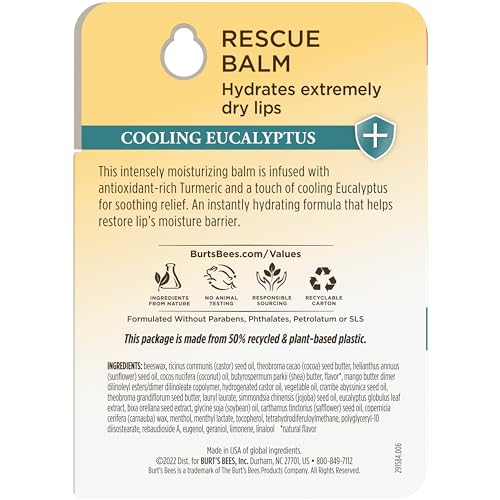 Burt's Bees 100% Natural Origin Rescue Lip Balm With Beeswax and Antioxidant-Rich Turmeric Promotes Healing Of Extremely Dry Lips, Cooling Eucalyptus, 2 Tubes in Blister Box(Pack May Vary)