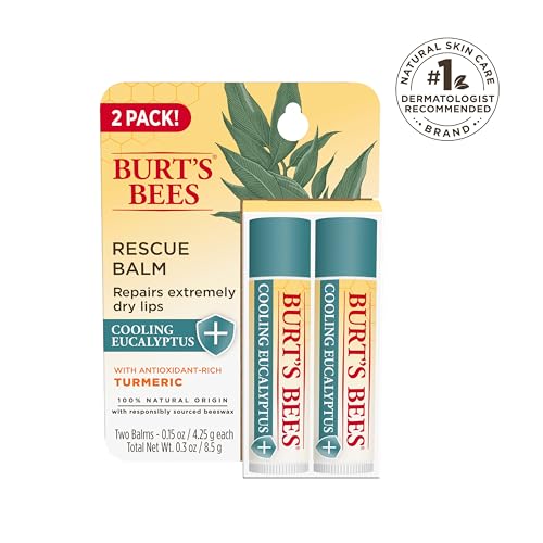 Burt's Bees 100% Natural Origin Rescue Lip Balm With Beeswax and Antioxidant-Rich Turmeric Promotes Healing Of Extremely Dry Lips, Cooling Eucalyptus, 2 Tubes in Blister Box(Pack May Vary)