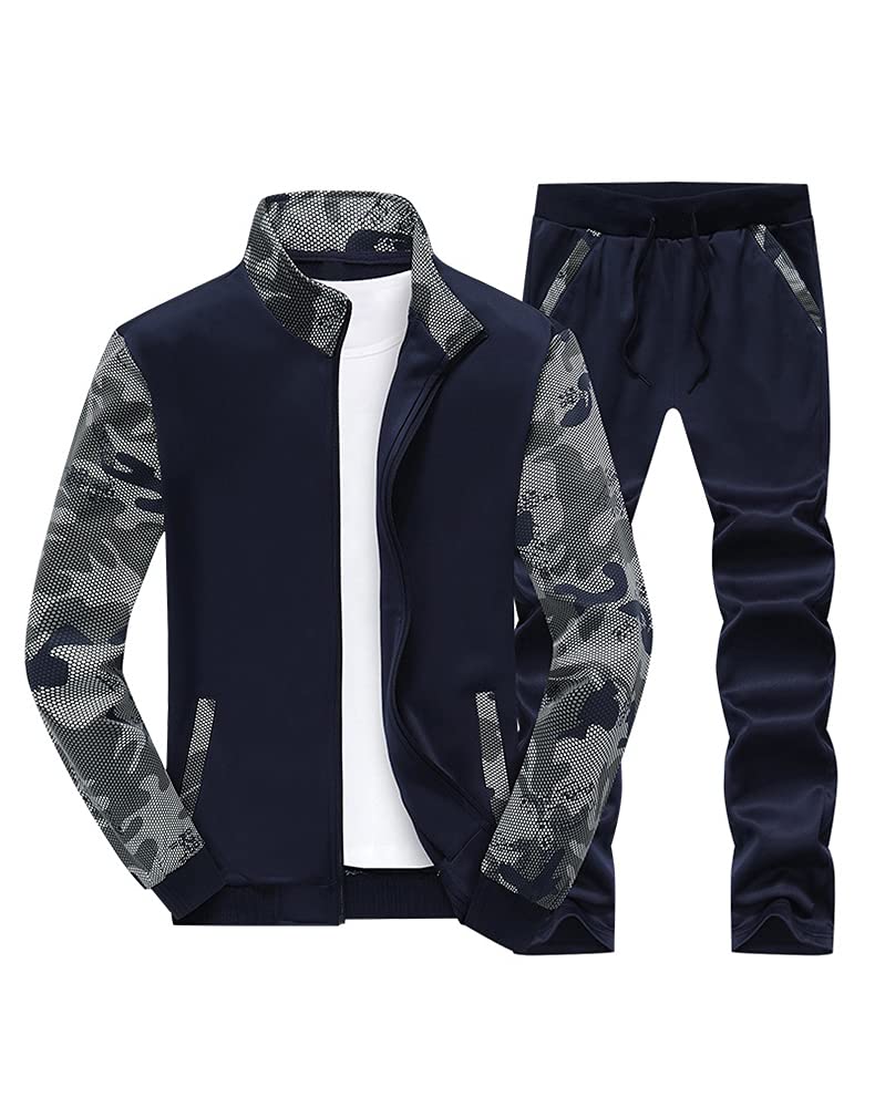 DOINLINE Men's Sweatsuit Tracksuit 2 Piece Outfit Long Sleeve Jogging Running Athletic Sports Suit Set Blue XL