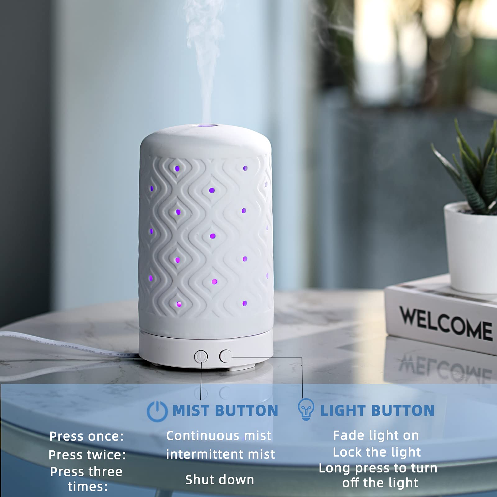 Essential Oil Diffusers Aromatherapy Humidifier: White Ceramic Aroma Infuser for Home Bedroom Office - Vaporizer for Room - Small Machine