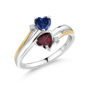 gem stone king 1.07 ct blue created sapphire red rhodolite garnet 925 silver and 10k yellow gold lab grown diamond 2 heart promise couple engagement mother ring (size 5)