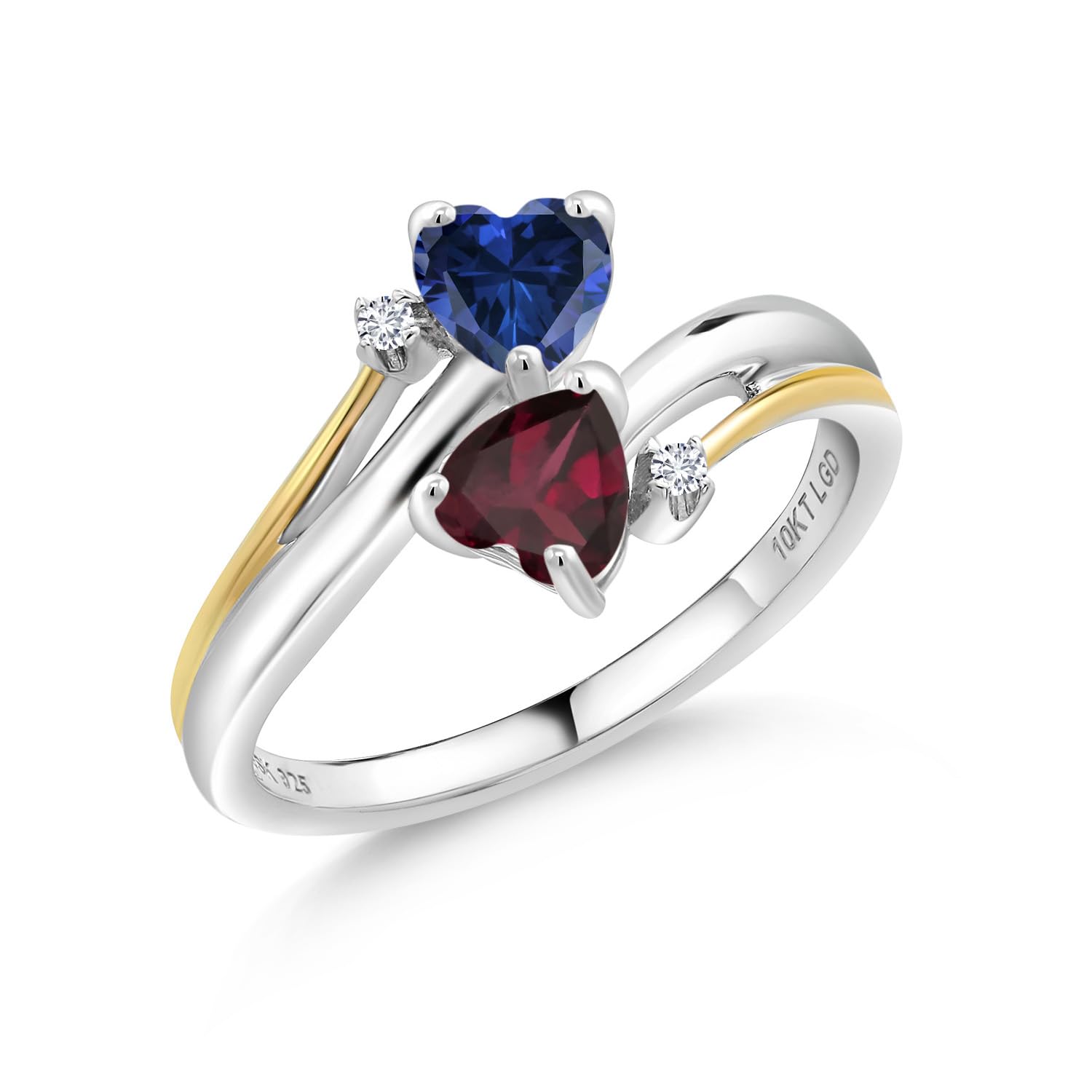 Gem Stone King 1.07 Ct Blue Created Sapphire Red Rhodolite Garnet 925 Silver and 10K Yellow Gold Lab Grown Diamond 2 Heart Promise Couple Engagement Mother Ring (Size 5)