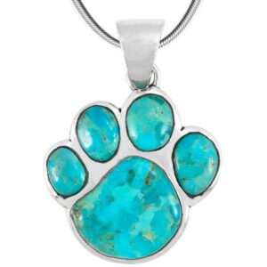 turquoise network dog paw necklace pendant 925 sterling silver genuine gemstones (with 20" chain)