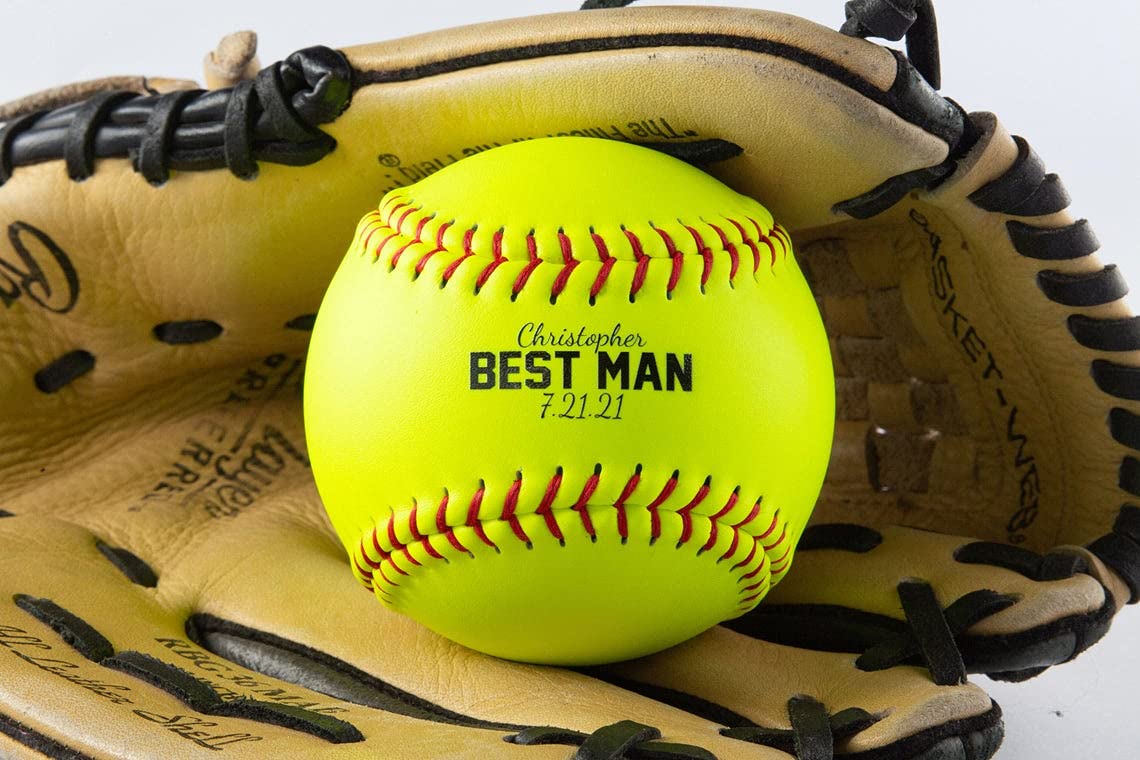 Buffalo Bottle Craft Personalized Yellow Softball, Groomsman Practice Softballs for The Best Man - Official Size- Custom Wedding Softball Proposal Gift Ring Bearer, Officiant