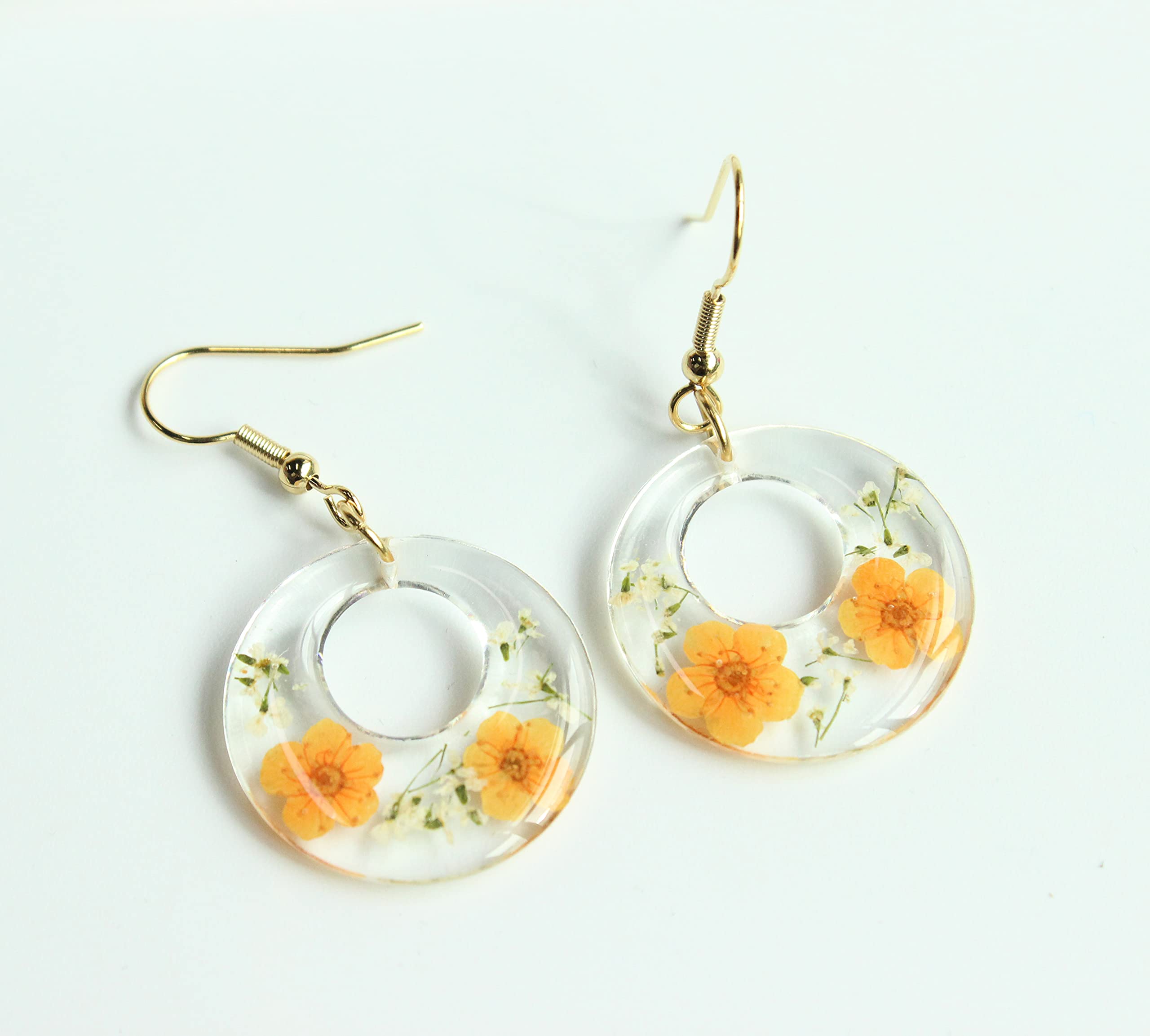 SIEASY Pressed flower Earrings, real Dried Flowers Pendant Earrings Orange Floret Gold earrings