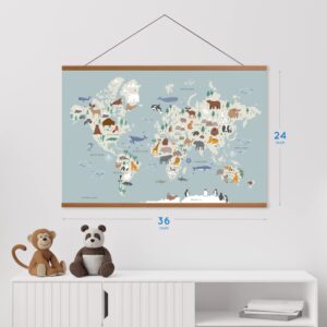 Lenny’s World Animal World Map For Kids - Large 36"x24" Educational Geography Maps For Baby Toddler Wall, Classroom Decor, Linen Canvas With Wood Hanger - Learning Tapestry Poster For Preschool