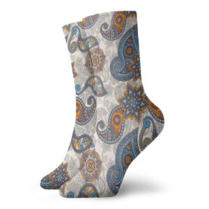 gultmee vintage fashion compression socks,ethnic tribal paisley with floral detail,performance polyester cushioned athletic crew socks for running,athletic,marigold violet blue beige -12 inch