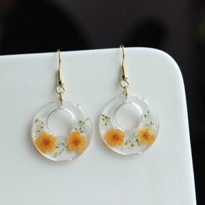 SIEASY Pressed flower Earrings, real Dried Flowers Pendant Earrings Orange Floret Gold earrings