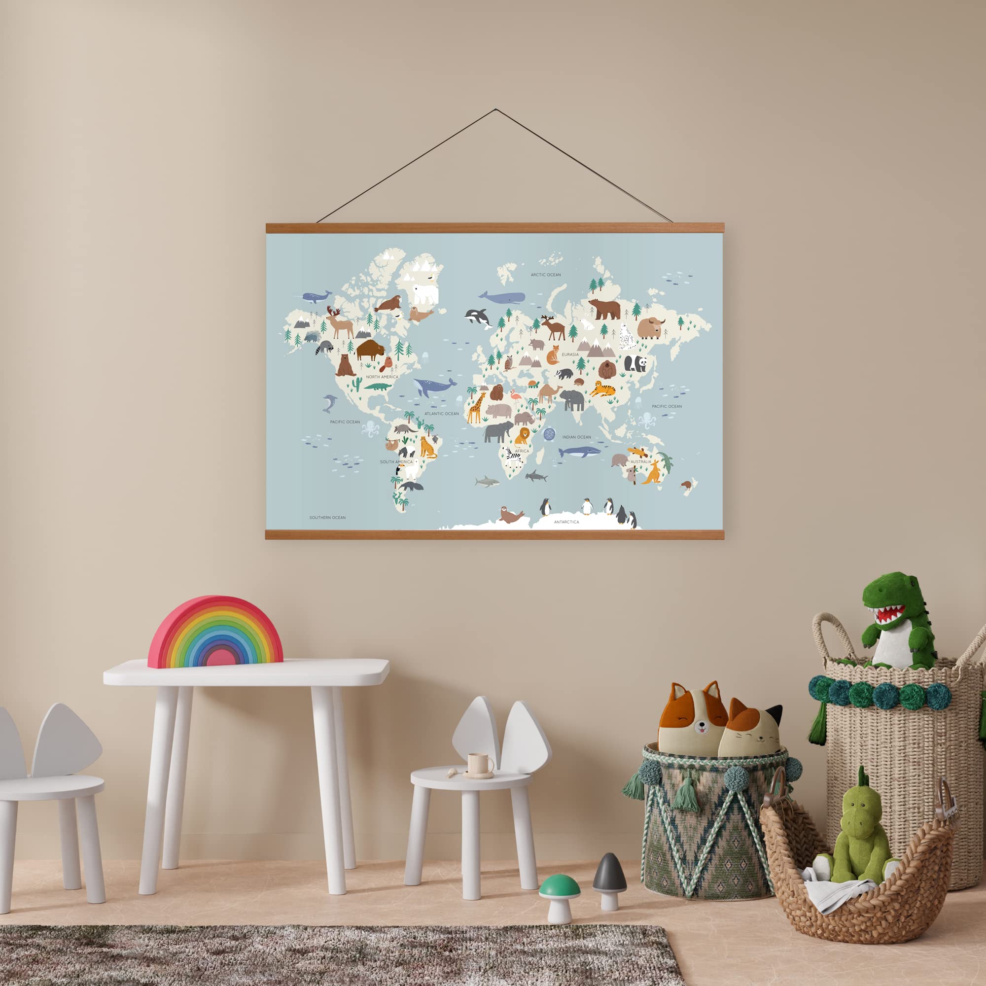 Lenny’s World Animal World Map For Kids - Large 36"x24" Educational Geography Maps For Baby Toddler Wall, Classroom Decor, Linen Canvas With Wood Hanger - Learning Tapestry Poster For Preschool