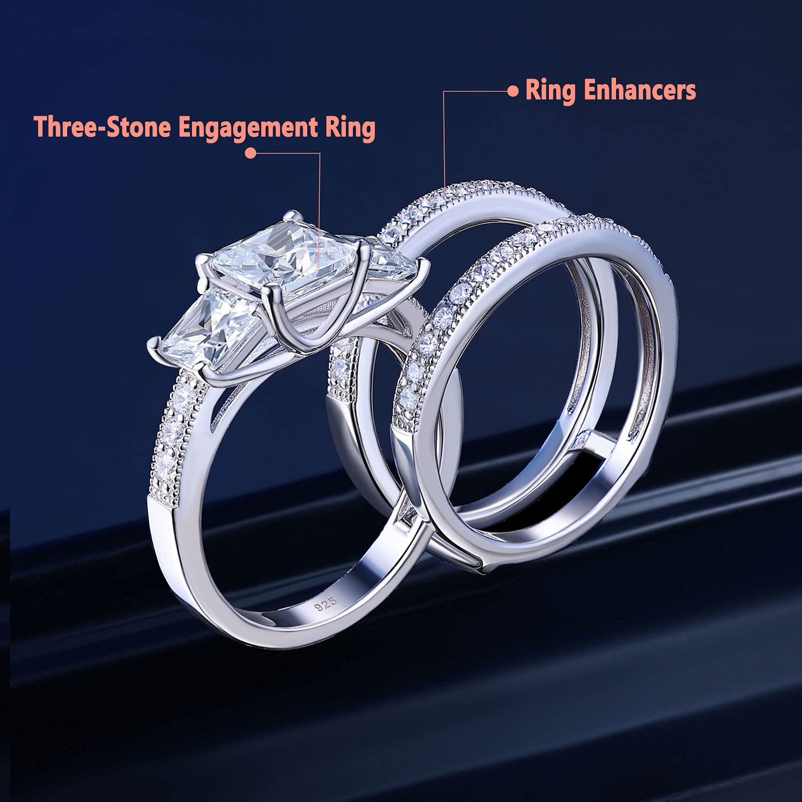 SHELOVES Three-Stone Princess Cut AAAAA Cz Wedding Ring Set Rings Enhancers 925 Sterling Silver Sz 8