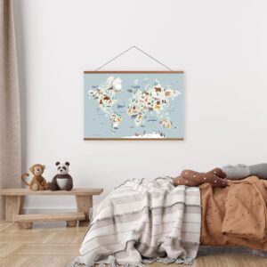 Lenny’s World Animal World Map For Kids - Large 36"x24" Educational Geography Maps For Baby Toddler Wall, Classroom Decor, Linen Canvas With Wood Hanger - Learning Tapestry Poster For Preschool