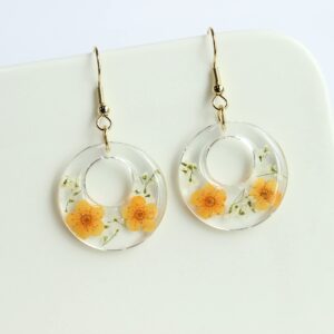 SIEASY Pressed flower Earrings, real Dried Flowers Pendant Earrings Orange Floret Gold earrings