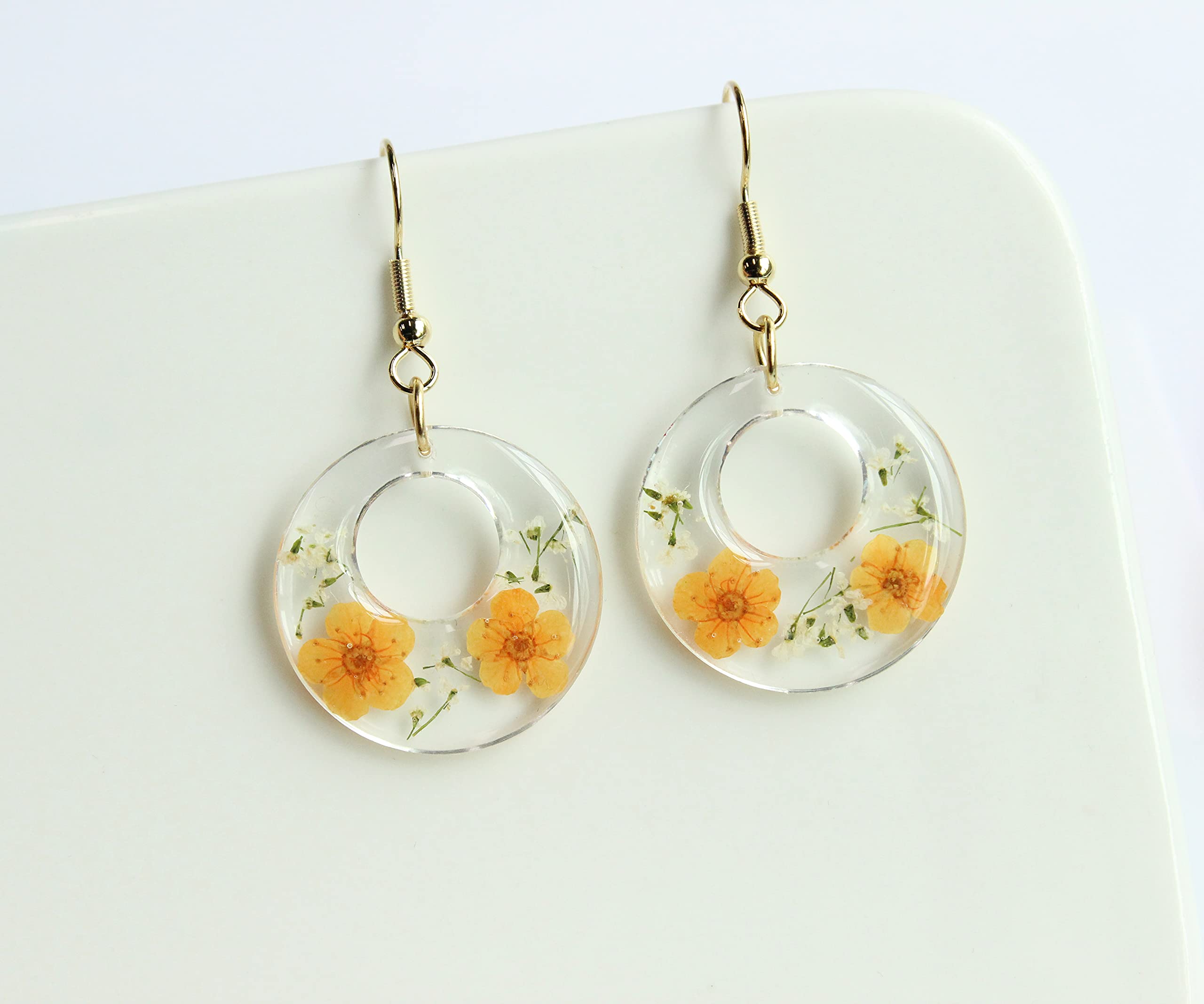 SIEASY Pressed flower Earrings, real Dried Flowers Pendant Earrings Orange Floret Gold earrings