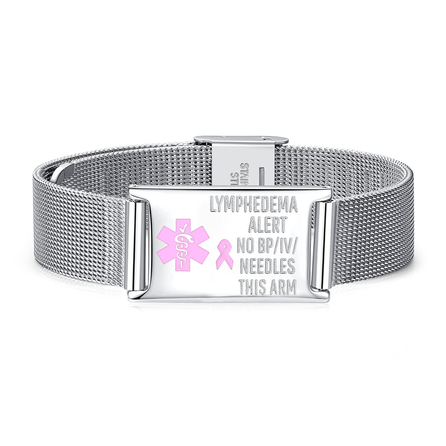 AOAMID Lymphedema Alert bracelet Adjustable Stainless Steel Mesh no bp no needles bracelet for women Emergency breast cancer medical bracelets(Mesh SS)