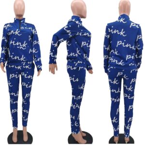 JYAOVO Women's Letter Print 2 Piece Outfits Zipper Collar High Neck Long Sleeve Sweatshirt and Long Pants Set Tracksuit