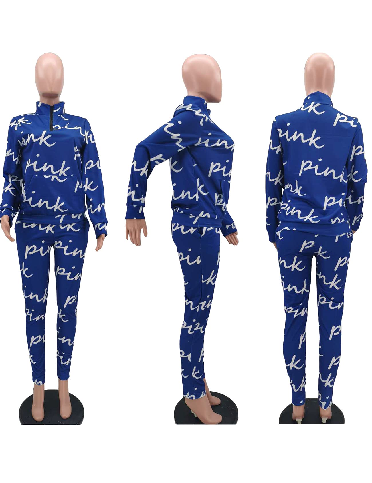 JYAOVO Women's Letter Print 2 Piece Outfits Zipper Collar High Neck Long Sleeve Sweatshirt and Long Pants Set Tracksuit