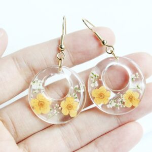 SIEASY Pressed flower Earrings, real Dried Flowers Pendant Earrings Orange Floret Gold earrings